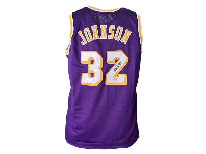 Magic Johnson Autographed Pro Style Purple Basketball Jersey (Beckett ...
