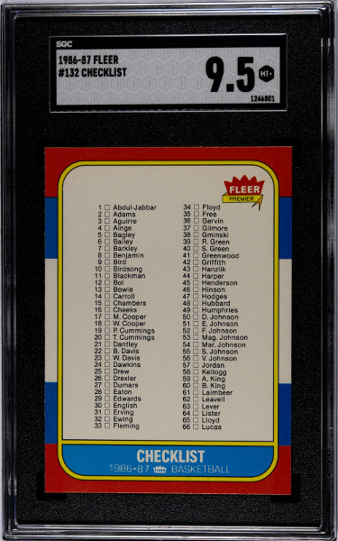 1986-87 Fleer Basketball Checklist 1-132 Card #132- SGC Graded 9.5 Min ...