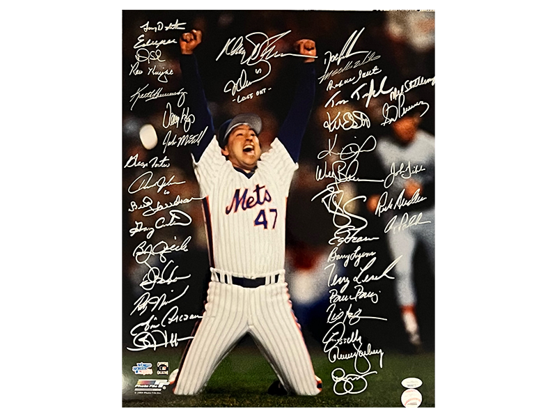 39 Signature 86 Mets Team Signed Last Out Inscription 16x20 On-Field C ...
